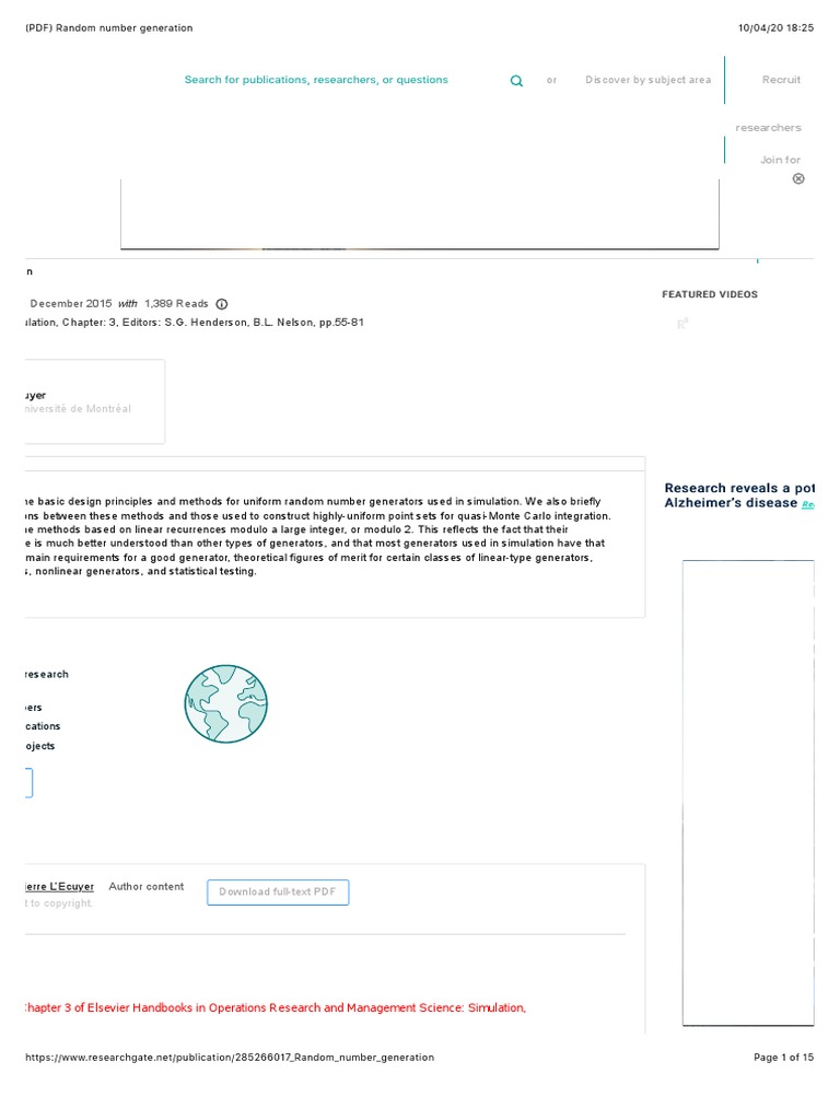 (PDF) Random Number Generation | PDF | Randomness | Stochastic