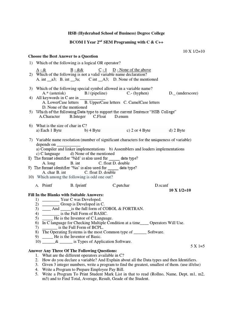 HSB - Bcom I Year C & C++ | PDF | Integer (Computer Science) | Data Type