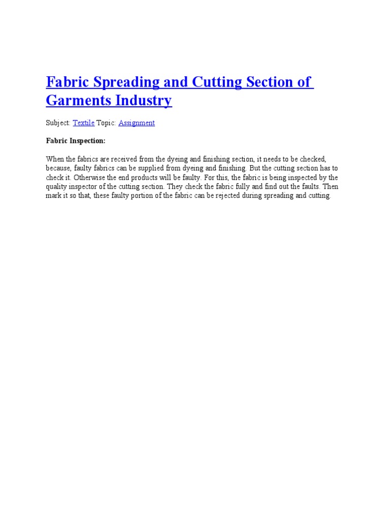 Fabric Spreading and Cutting Section of Garments Industry: Textile ...