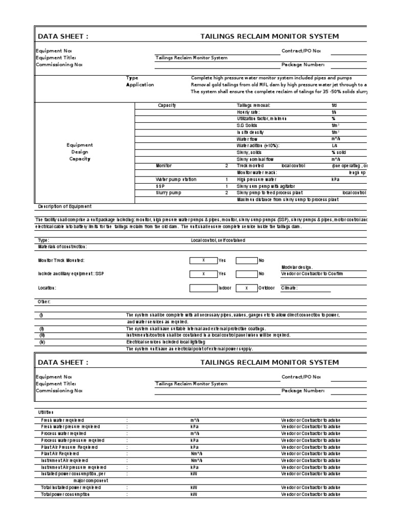 Tailings Reclaim Monitor System Data Sheet | PDF | Dam | Pump