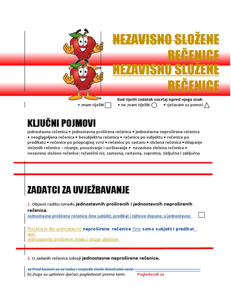 NEZAVISNO SLOZENE RECENICE - Kljucni Pojmovi I Uvjezbavanje Prije Pisane Provjere | PDF