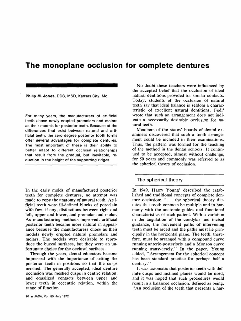 The Monoplane Occlusion For Complete Dentures: T H e SP Herical Theory ...