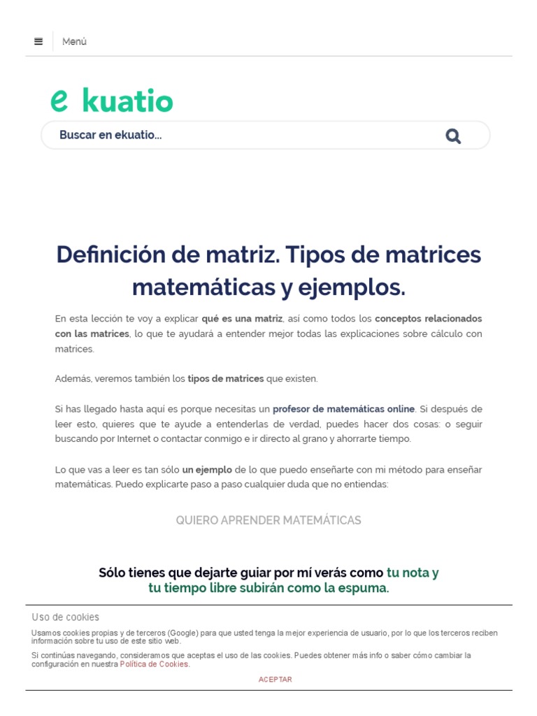Definición de Matriz. Tipos de Matrices Matemáticas y Ejemplos | PDF ...