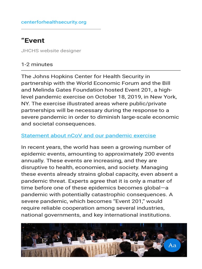 Event 201 Pandemic Exercise Overview | PDF