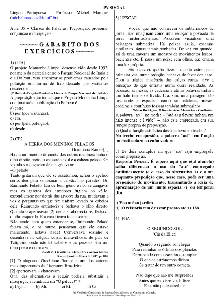 GABARITO - Classes de Palavras - Pronomes, Prepos, Conj, Interj. | PDF | Pronome | Gramática
