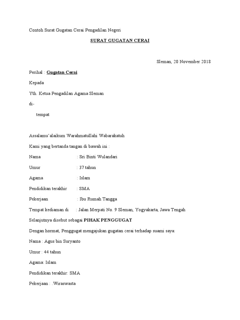 Contoh Surat Gugatan Cerai Pengadilan Negeri | PDF