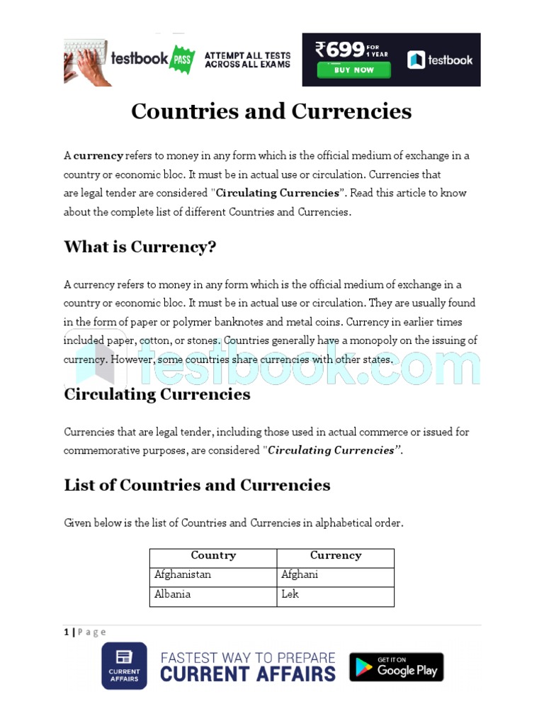 Countries and Currencies: What Is Currency? | PDF | Legal Tender | Currency