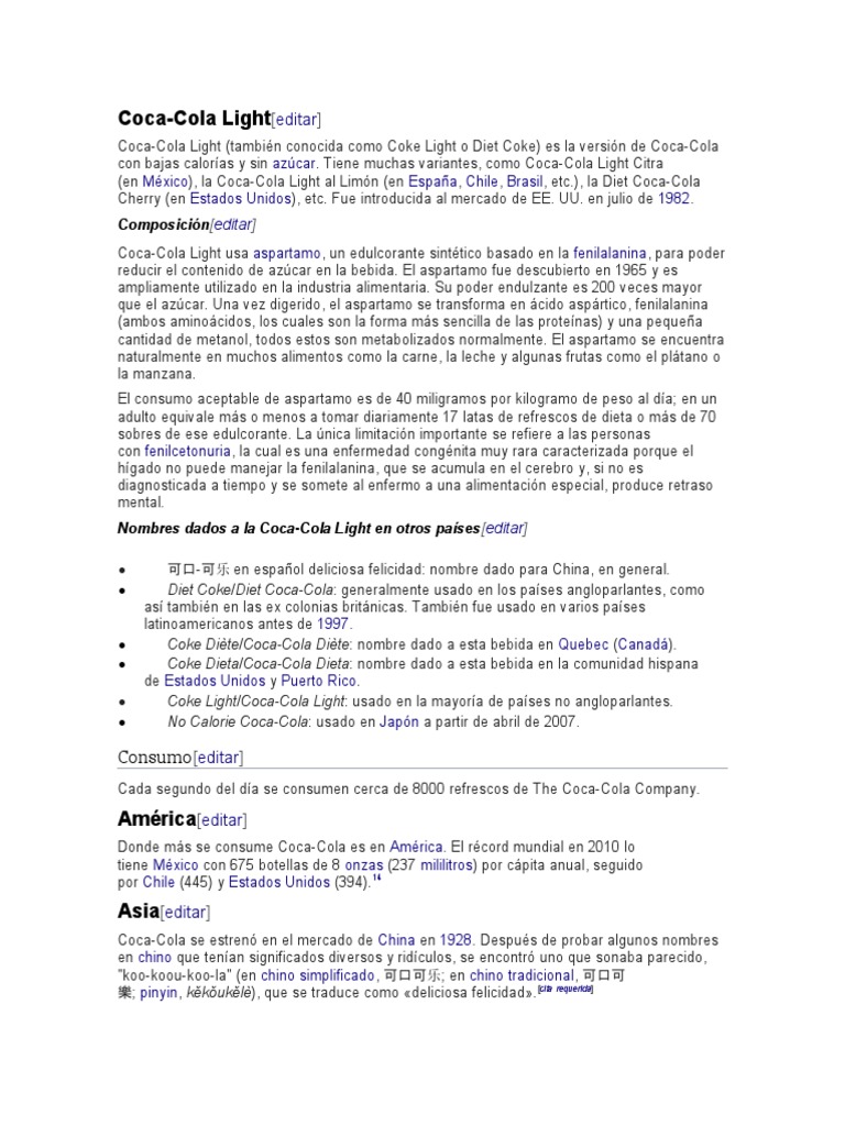 Ingredientes Coca Cola. | PDF | Coca Cola | Bebidas
