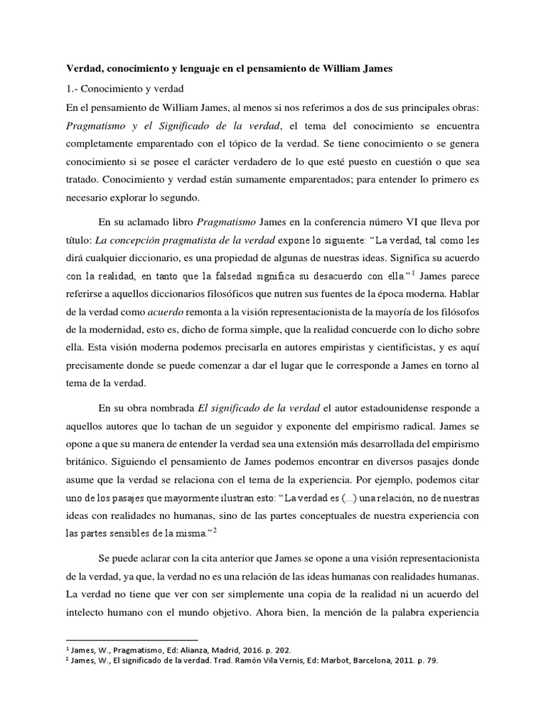 William James Verdad, Conocimiento y Lenguaje PDF | PDF | Pragmatismo | Verdad