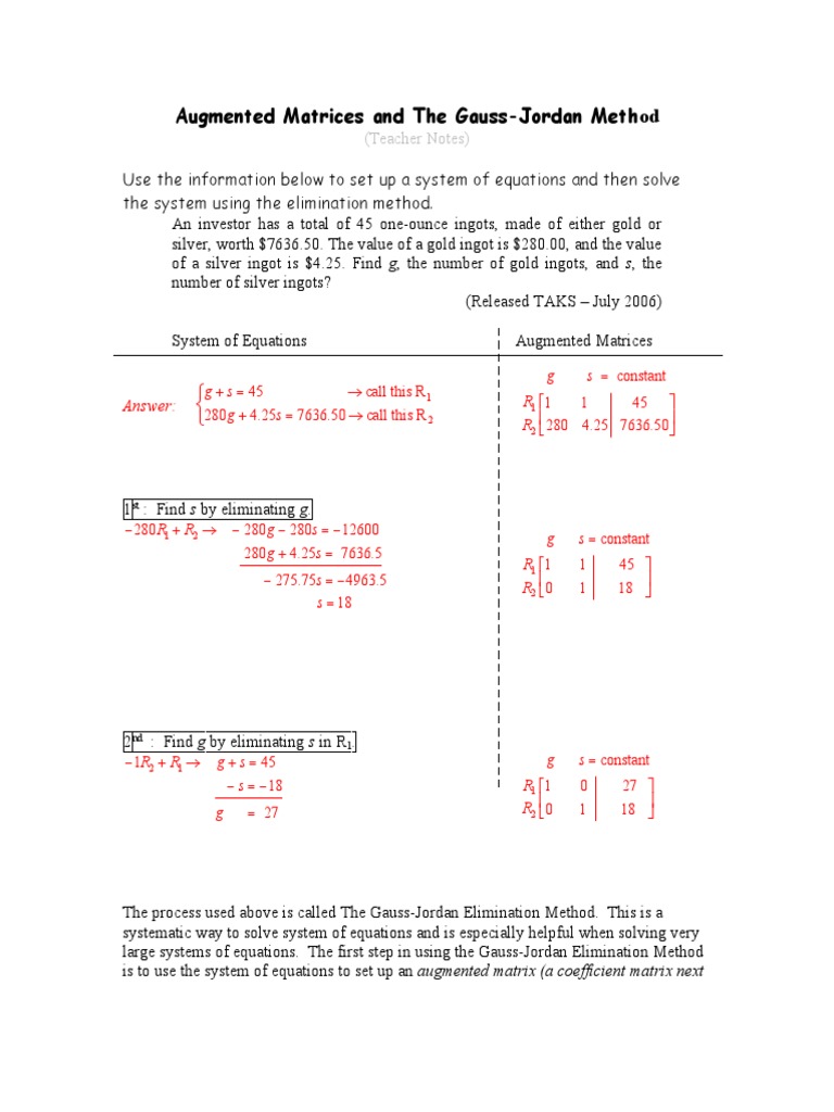 Augmented Matrices and The Gauss-Jordan Method: Answer | PDF | Linear ...
