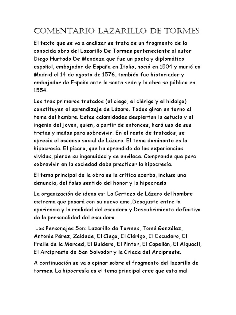 Comentario Lazarillo de Tormes - Alejandro Cabrera Ramírez 3ºB PDF | PDF
