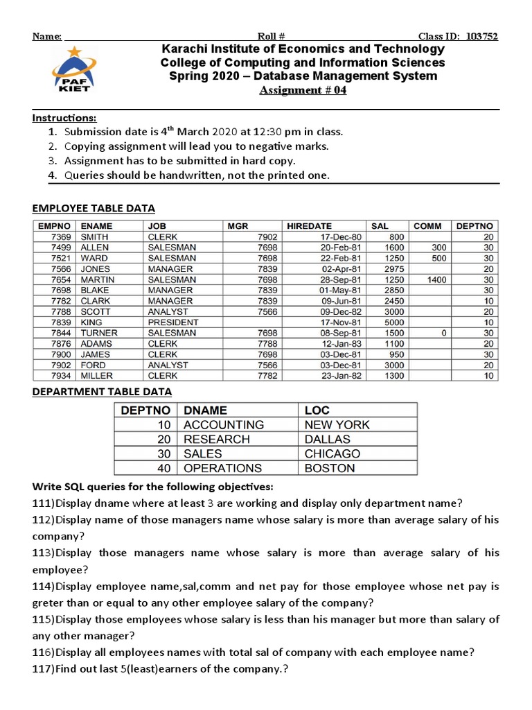 Name: Roll # Class ID: 103752 | PDF | Table (Database) | Salary