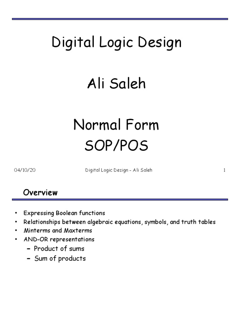 Digital Logic Design Ali Saleh Normal Form Sop/Pos | PDF | Boolean Algebra | Teaching Mathematics