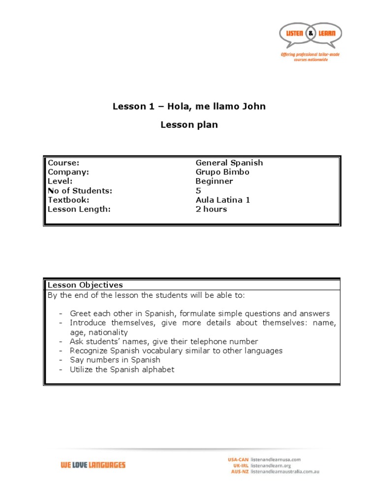 Lesson 1 - Hola, Me Llamo John Lesson Plan | PDF