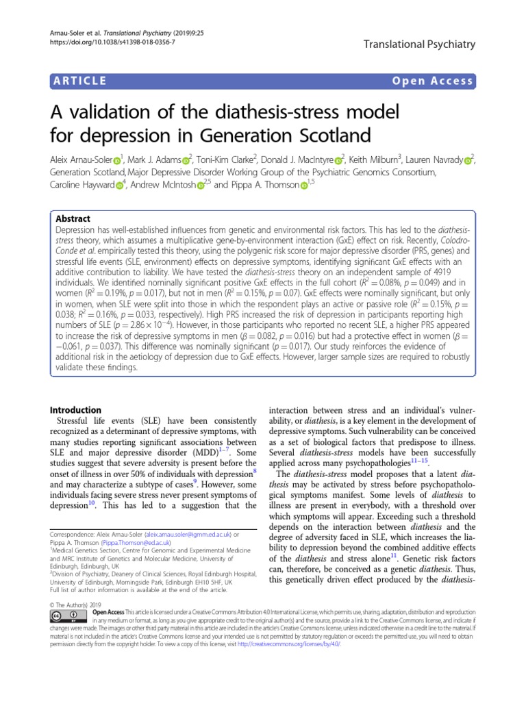 A Validation of The Diathesis-Stress Model For Depression in Generation ...