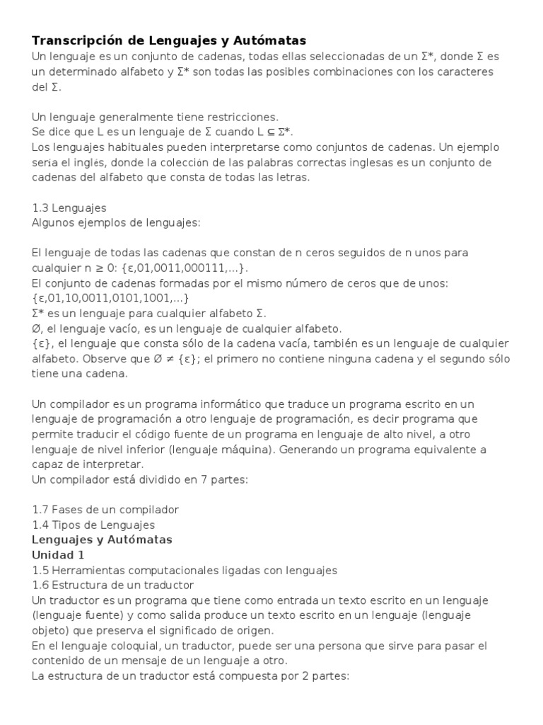 Transcripción de Lenguajes y Autómatas | PDF | Compilador | Lenguaje de ...