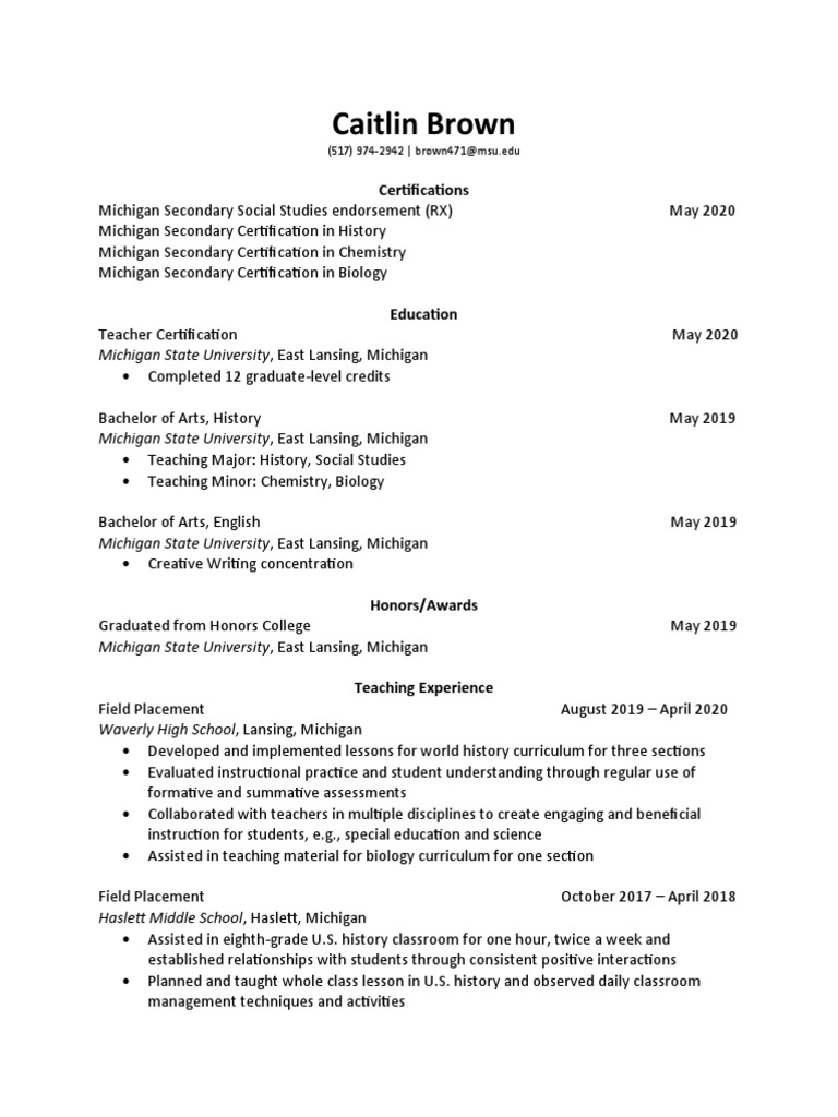 Caitlin Brown Resume 2020 | PDF | Michigan State University | Teachers