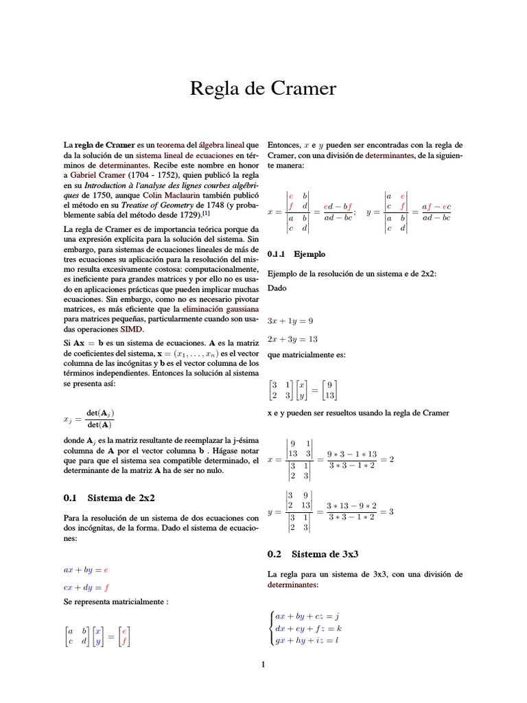 Regla de Cramer PDF | PDF | Ecuaciones | Análisis numérico