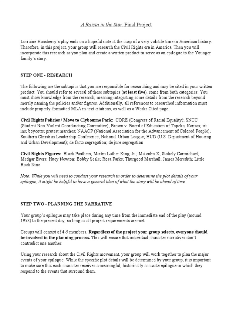 A Raisin in The Sun - Final Project PDF | PDF | Student Nonviolent ...