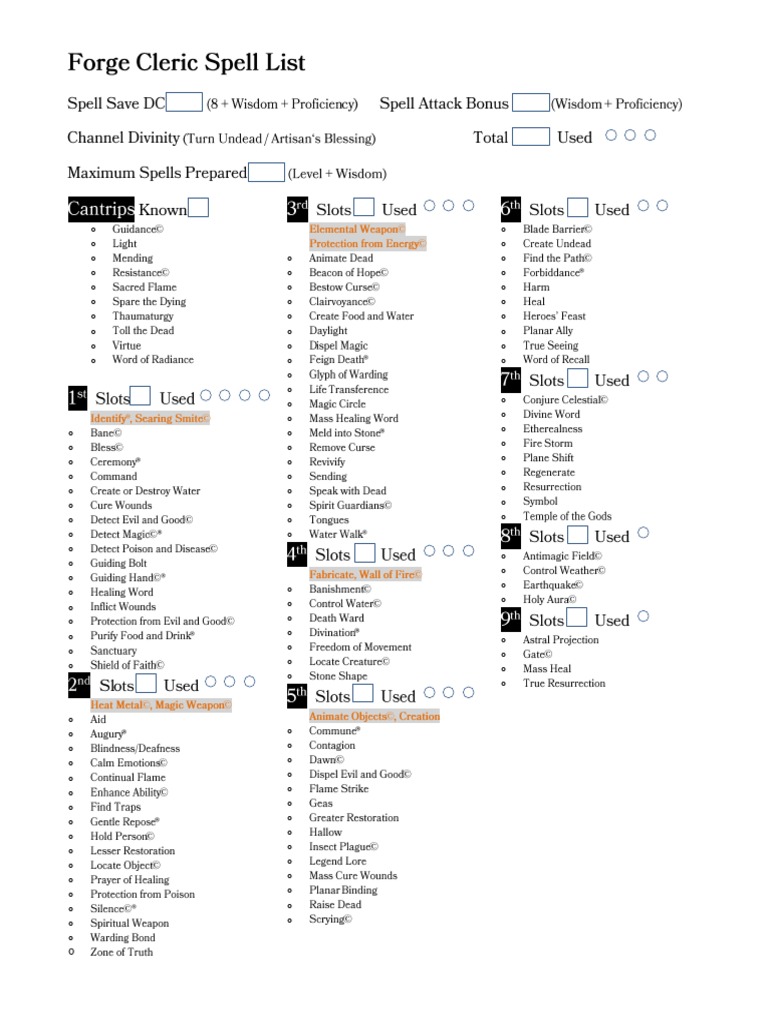 971241-Cleric Forge Complete Spell List PDF | PDF