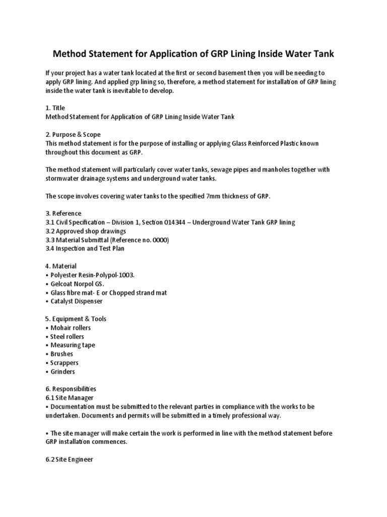 GRP Lining Method Statement for Water Tanks | PDF | Fiberglass | Chemistry