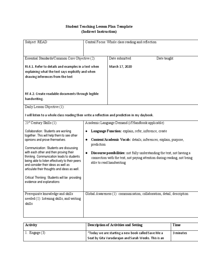Student Teaching Lesson Plan Template (Indirect Instruction) | PDF ...