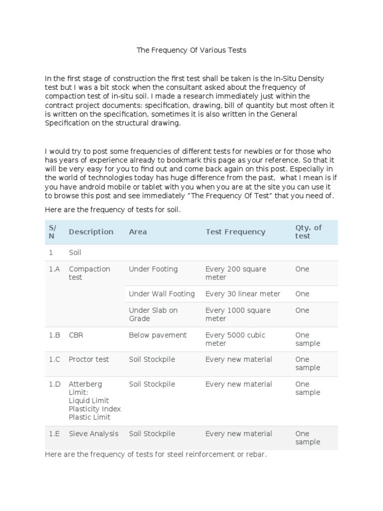 Testing Frequency for Construction Materials | PDF | Concrete ...