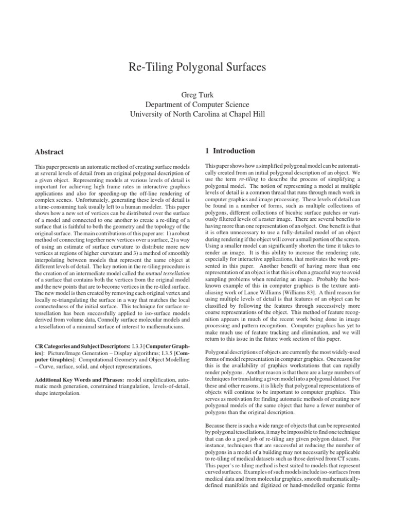 Re-Tiling Polygonal Surfaces: Greg Turk Department of Computer Science ...