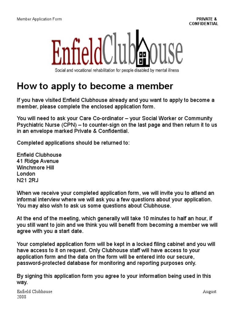 Enfield Clubhouse Member Application Form | PDF
