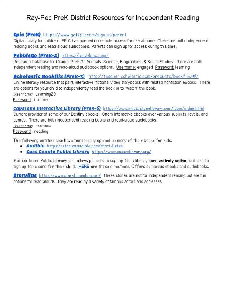 Distance Learning Ray-Pec Prek District Resources For Independent ...