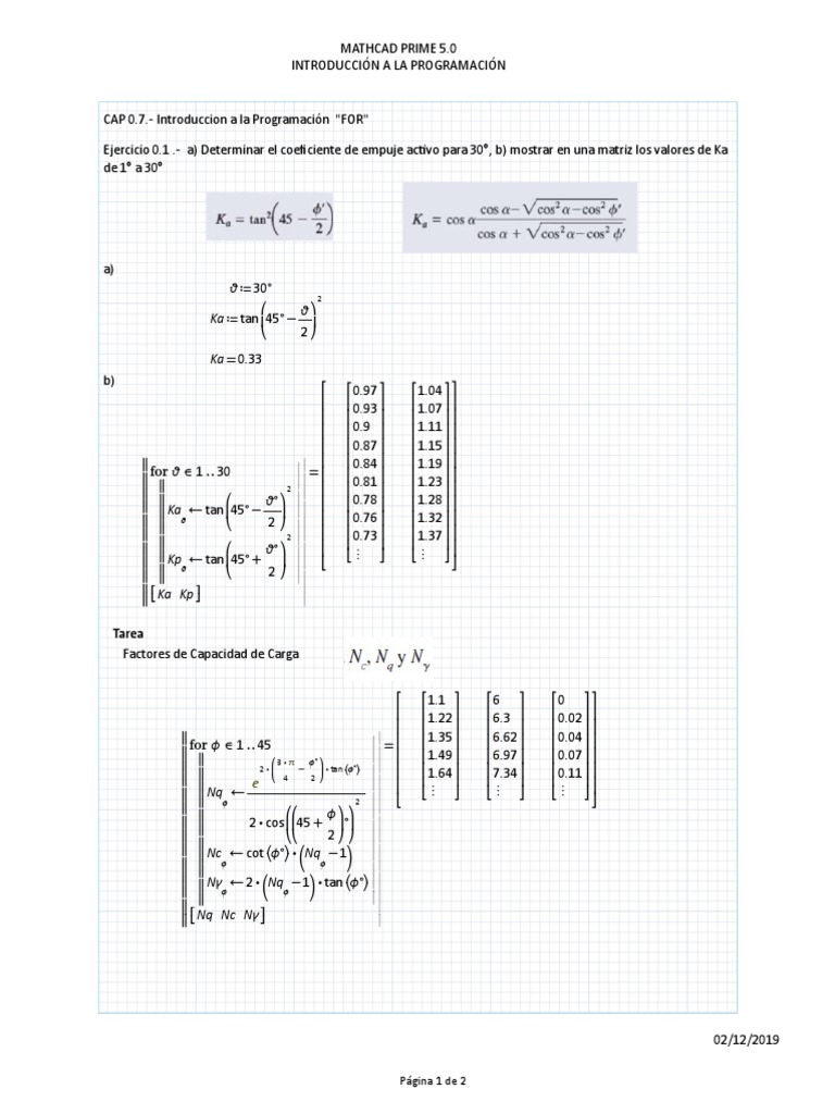 Programación FOR en Mathcad Prime 5.0 | PDF | Informática y tecnología ...