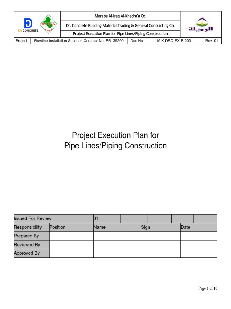 Project Execution Plan for Pipe Lines/Piping Construction | Iso 9000 ...