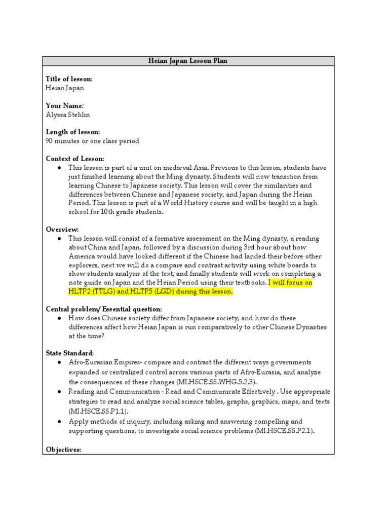 Heian Japan Lesson Plan for 10th Grade | PDF | Educational Assessment ...