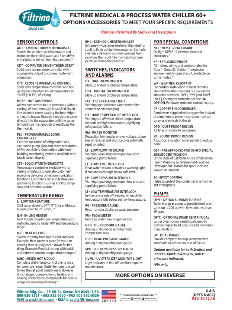Filtrine Medical Process Chiller Options Accessories | PDF | Thermostat ...