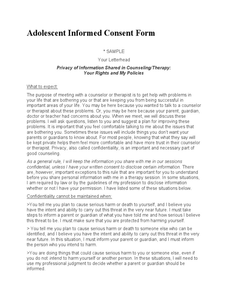 Adolescent Informed Consent Form: Privacy of Information Shared in ...