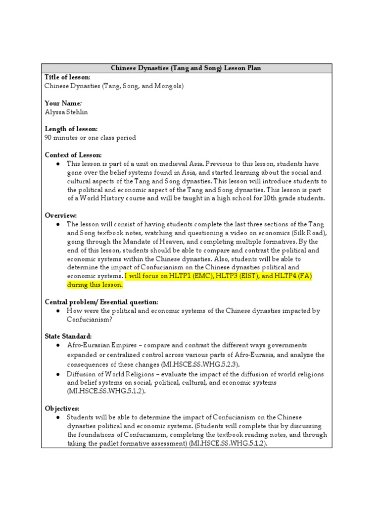 Chinese Dynasties (Tang and Song) Lesson Plan Title of Lesson | PDF ...