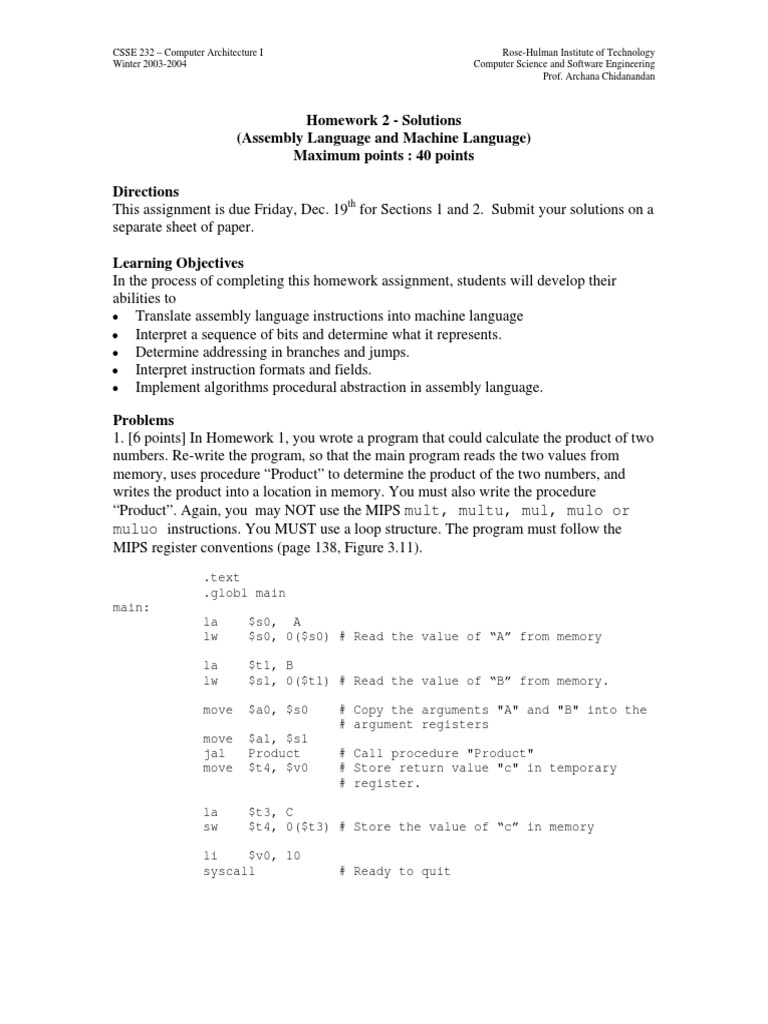 Homework 2 - Solutions (Assembly Language and Machine Language) Maximum Points: 40 Points ...