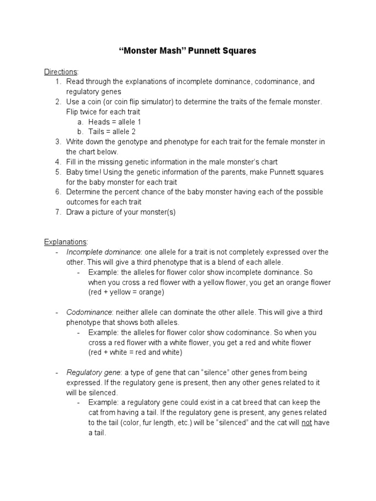 "Monster Mash" Punnett Squares: - Incomplete Dominance: One Allele For ...