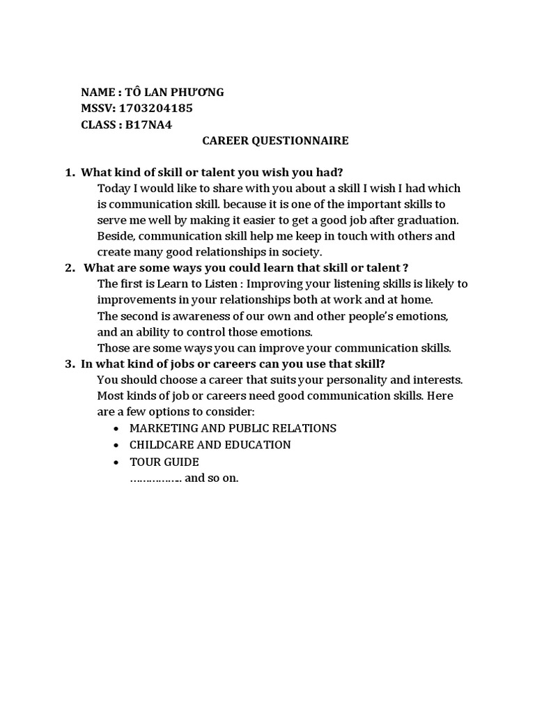 Name: Tô Lan Phương MSSV: 1703204185 Class: B17Na4 Career Questionnaire ...