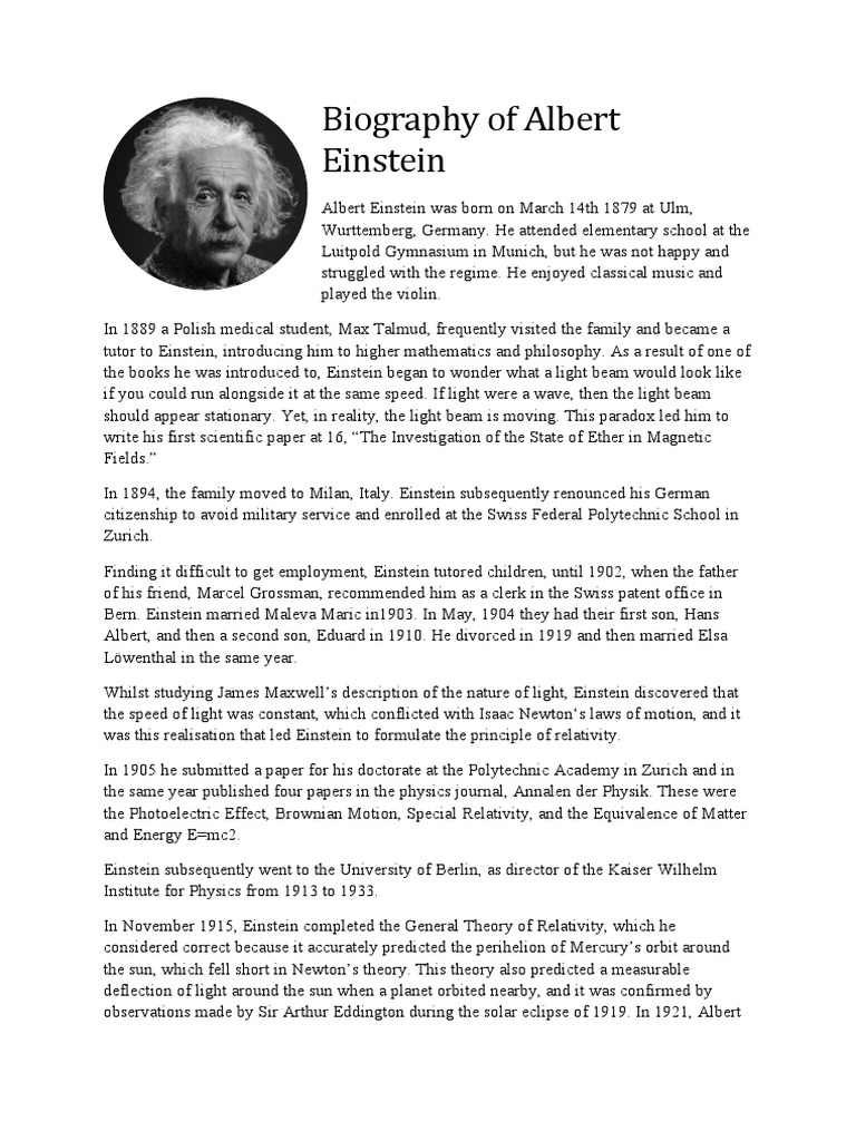 A Short Biography of Albert Einstein | PDF | Albert Einstein | Theory ...