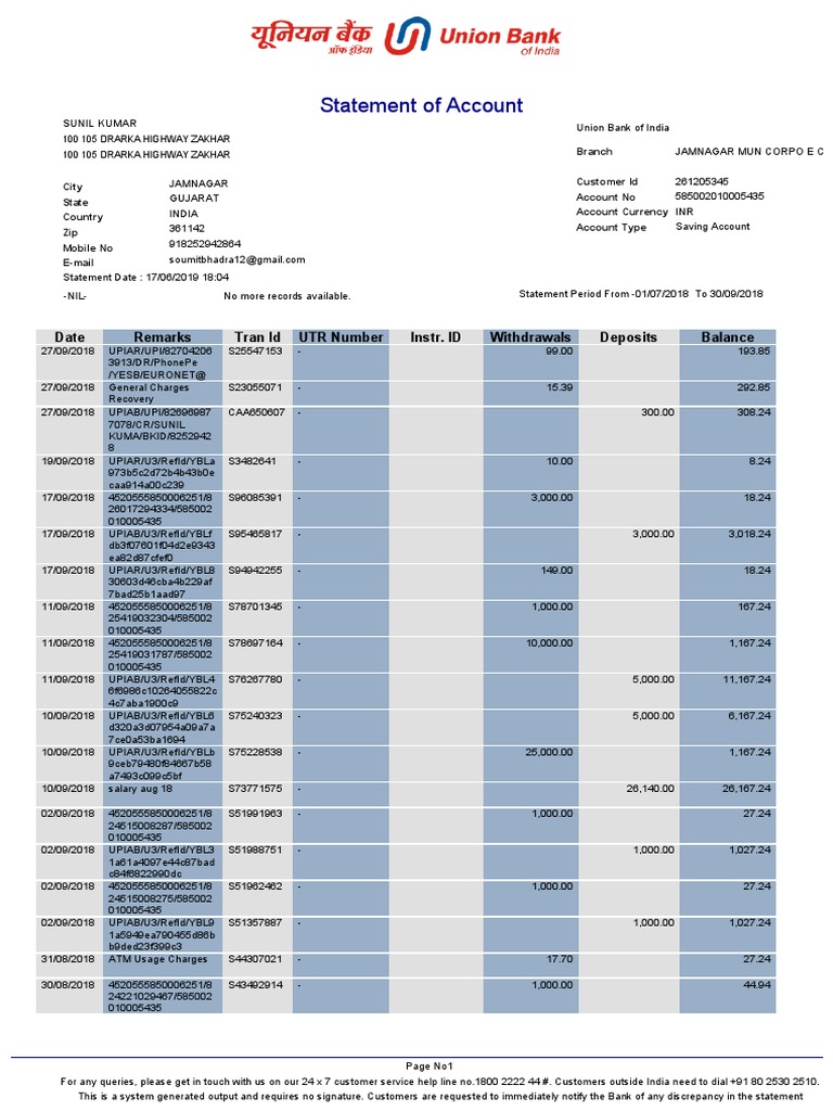 Statement of Account: Date Tran Id Remarks UTR Number Instr. ID ...