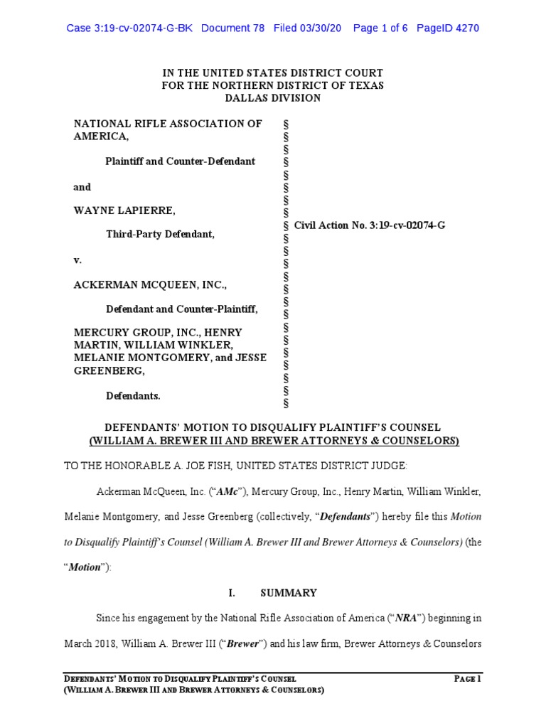 Motion to Disqualify NRA Counsel | PDF | National Rifle Association ...