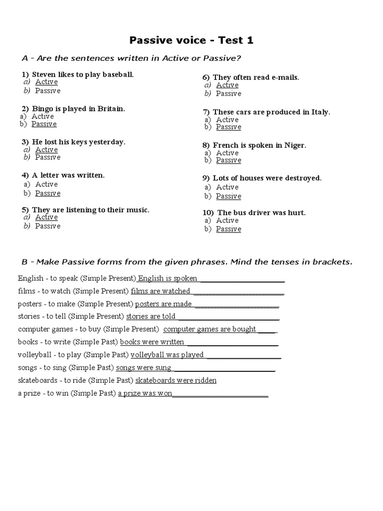 Passive Voice - Test 1: A) Active B) Passive A) Active B) Passive | PDF ...