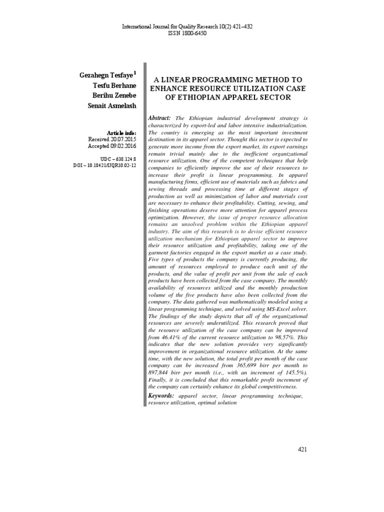 Linear Programming Method To Enhance Resource Utilization Case of ...