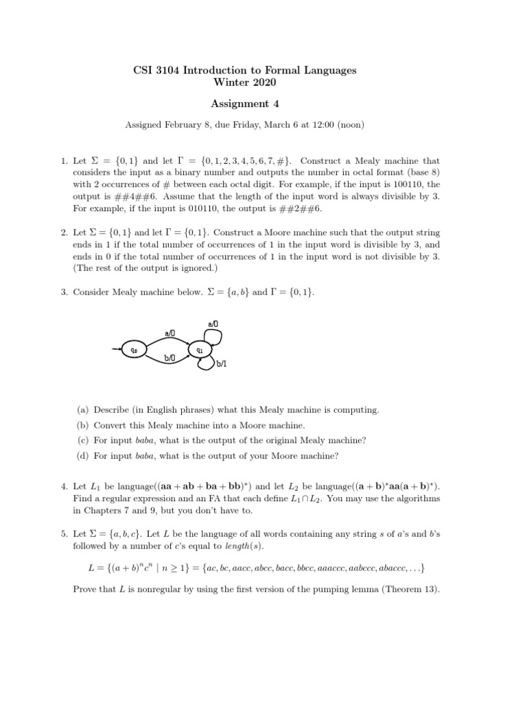 CSI 3104 Introduction To Formal Languages Winter 2020 Assignment 4 | PDF