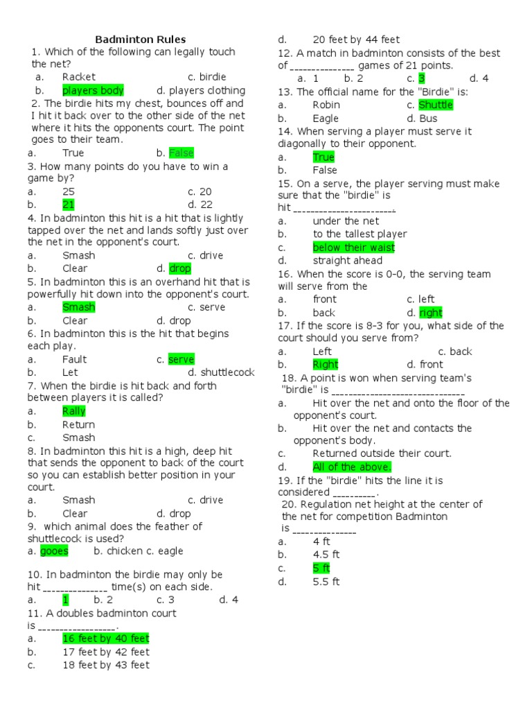 Badminton Rules With Answer | PDF | Summer Olympic Sports | Summer ...