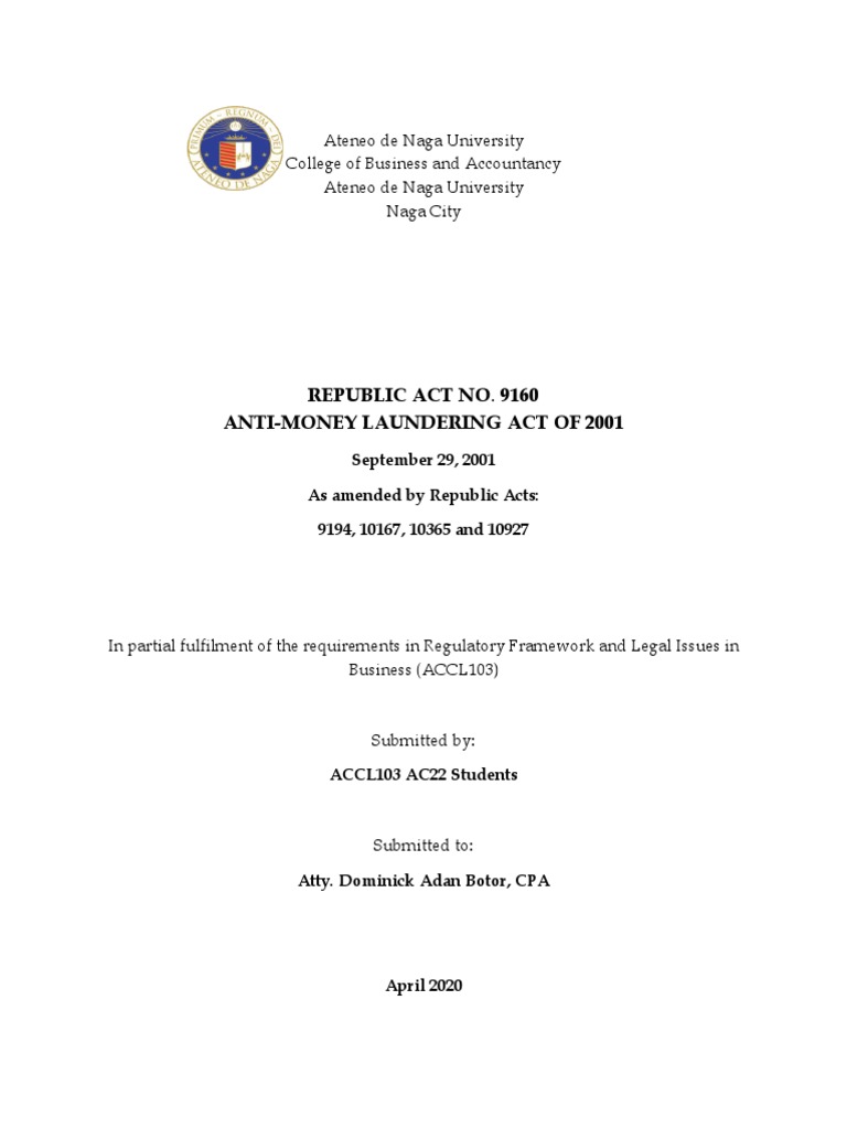 Republic Act No. 9160 Anti-Money Laundering Act of 2001 | PDF | Money ...