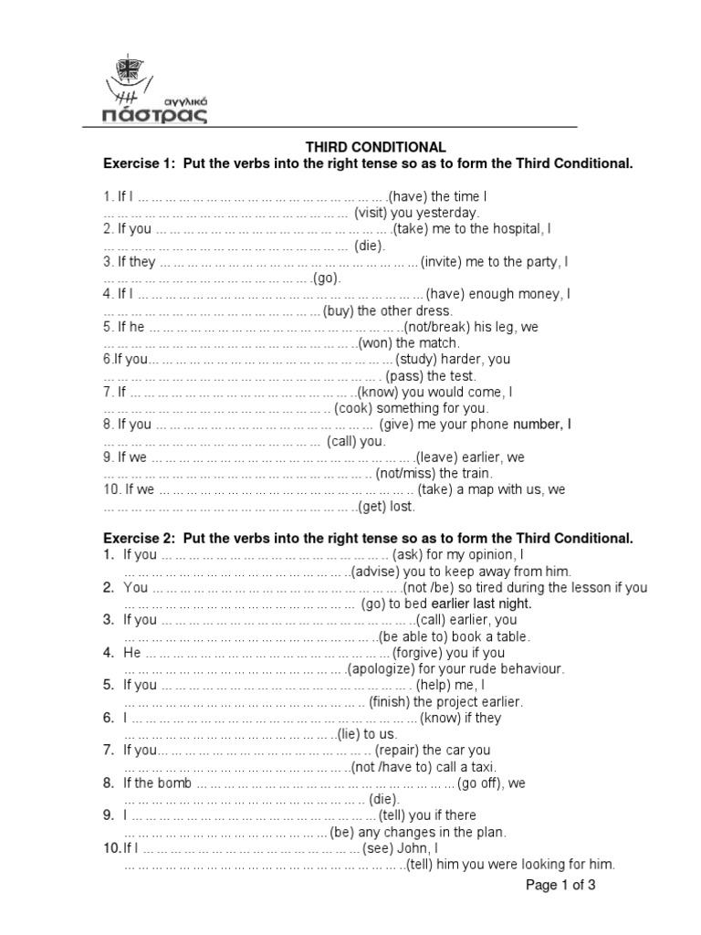 Third Conditional Exercise 1: Put The Verbs Into The Right Tense So As To Form The Third ...