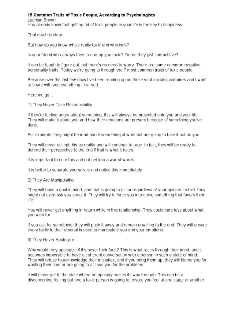 15 Common Traits of Toxic People | PDF | Psychology | Psychological ...