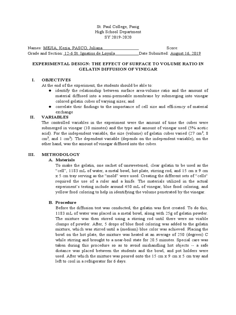 Surface Area Ratio Affects Gelatin Diffusion | PDF | Volume | Surface Area